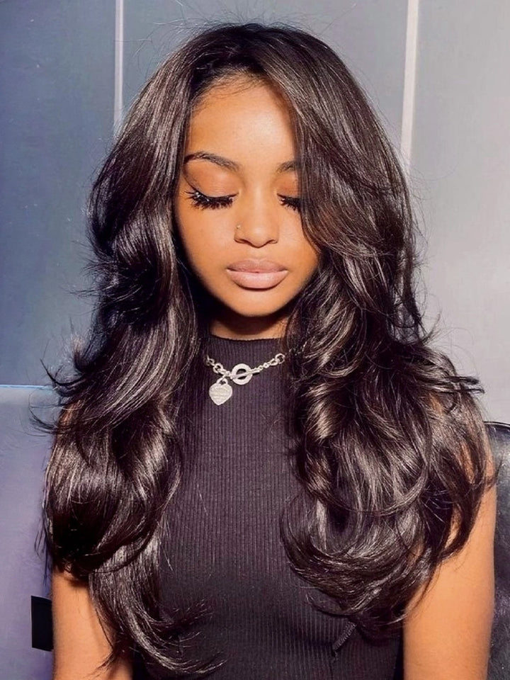 Pre-Styled Butterfly Cut Layer Natural Black Yaki Straight 9x6 HD Lace Wear Go Glueless Wig ...