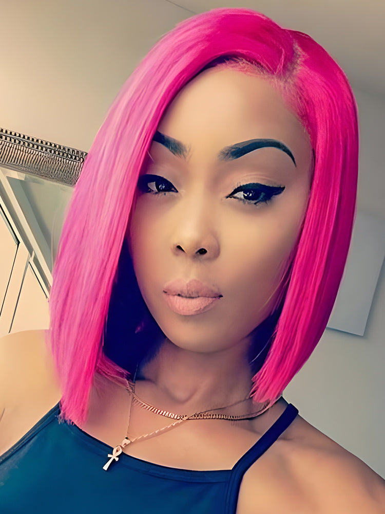 Sweet Pink Color Straight Hair Lace Front Bob Wigs - CurlyMe Hair