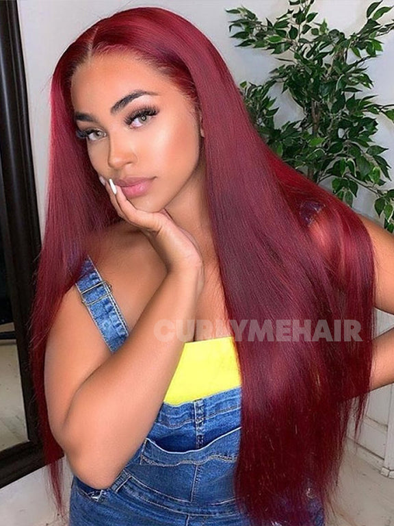 99J Burgundy Color Hair Human Hair Wigs Lace Frontal - CurlyMe Hair