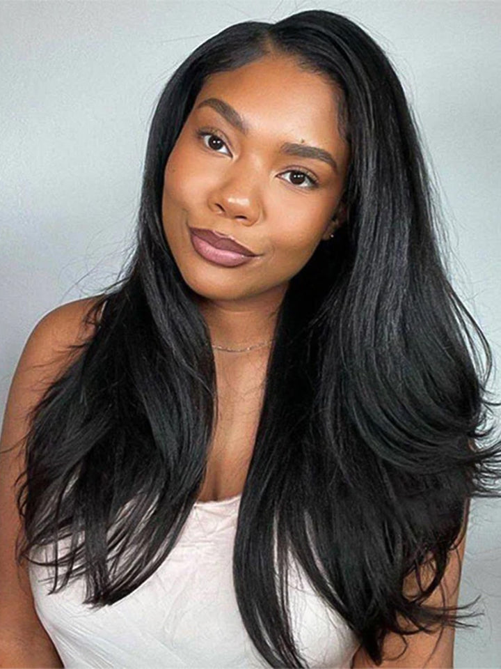 Pre-Styled Layered Cut Kinky Straight Glueless Install Half Wig With ...
