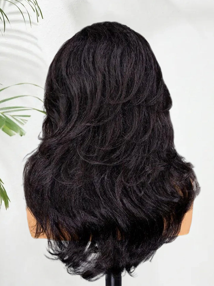 Pre-Styled Layered Cut Kinky Straight Glueless Install Half Wig With ...