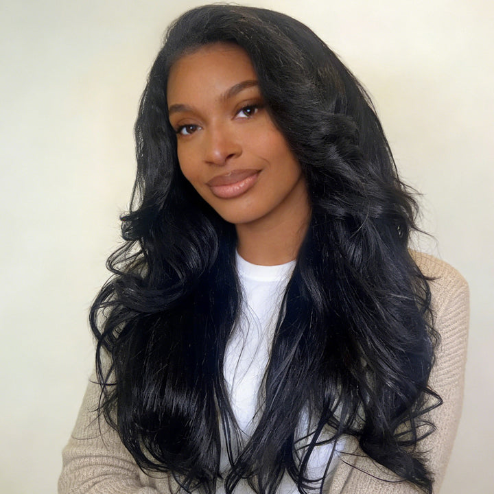 Pre-Styled Layered Cut Kinky Straight Glueless Install Half Wig With ...